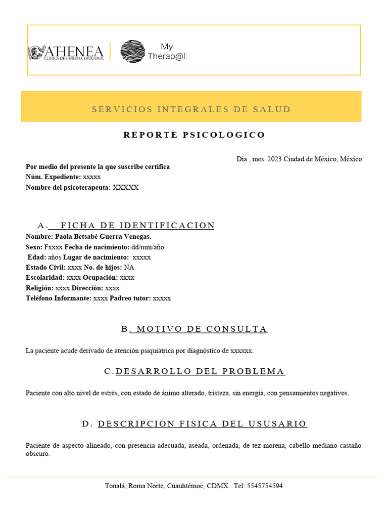 Formato Reporte Psicologico | PDF | Sicología | Conceptos psicologicos