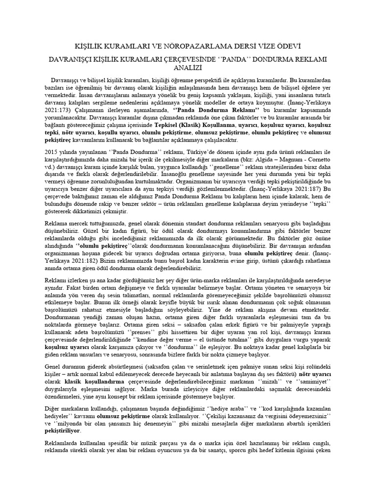 Kişilik Kuramları Nöropazarlama Vize Ödevi | PDF