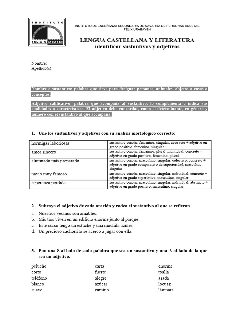 Ejercicios de Sustantivos y Adjetivos | PDF | Adjetivo | Sustantivo