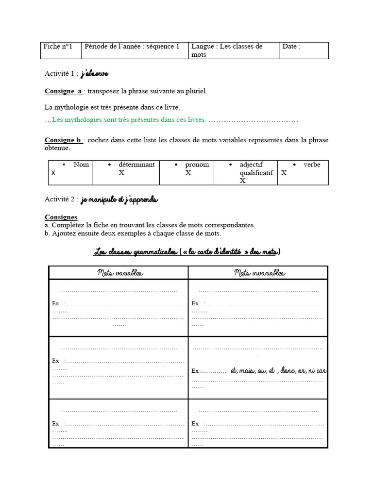 Réviser Les Classes de Mots - Corrigé | PDF | Nature (grammaire ...