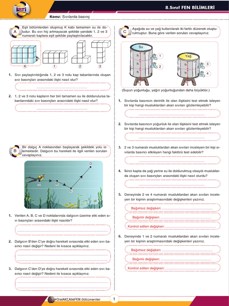 8.SNF 3.ÜNİTE Sıvı Basıncı PEKİŞTİRME | PDF