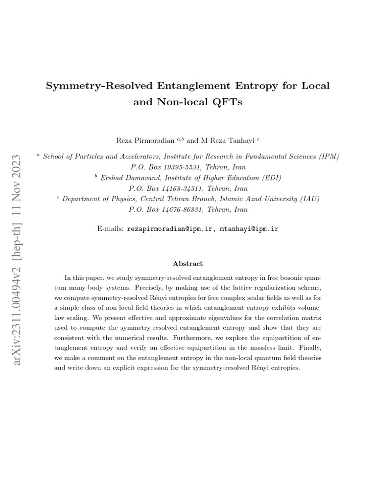 Symmetry-Resolved Entanglement Entropy For Local and Non-Local Qfts | PDF | Quantum Entanglement ...