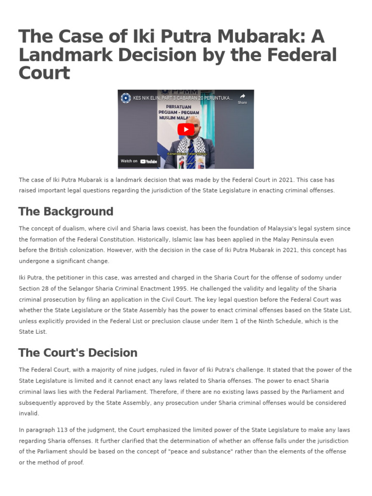 The Case of Iki Putra Mubarak - A Landmark Decision by The Federal Court | PDF | Sharia ...