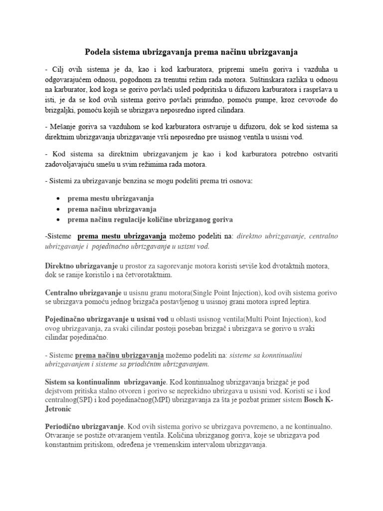 Podela Sistema Ubrizgavanja Prema Načinu Ubrizgavanja | PDF