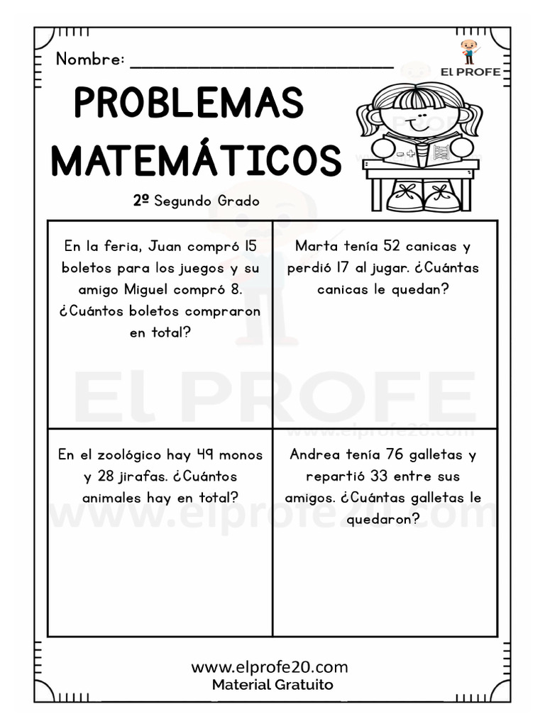 Cuadernillo de Problemas Matemáticos Para Segundo Grado Elprofe20 | PDF