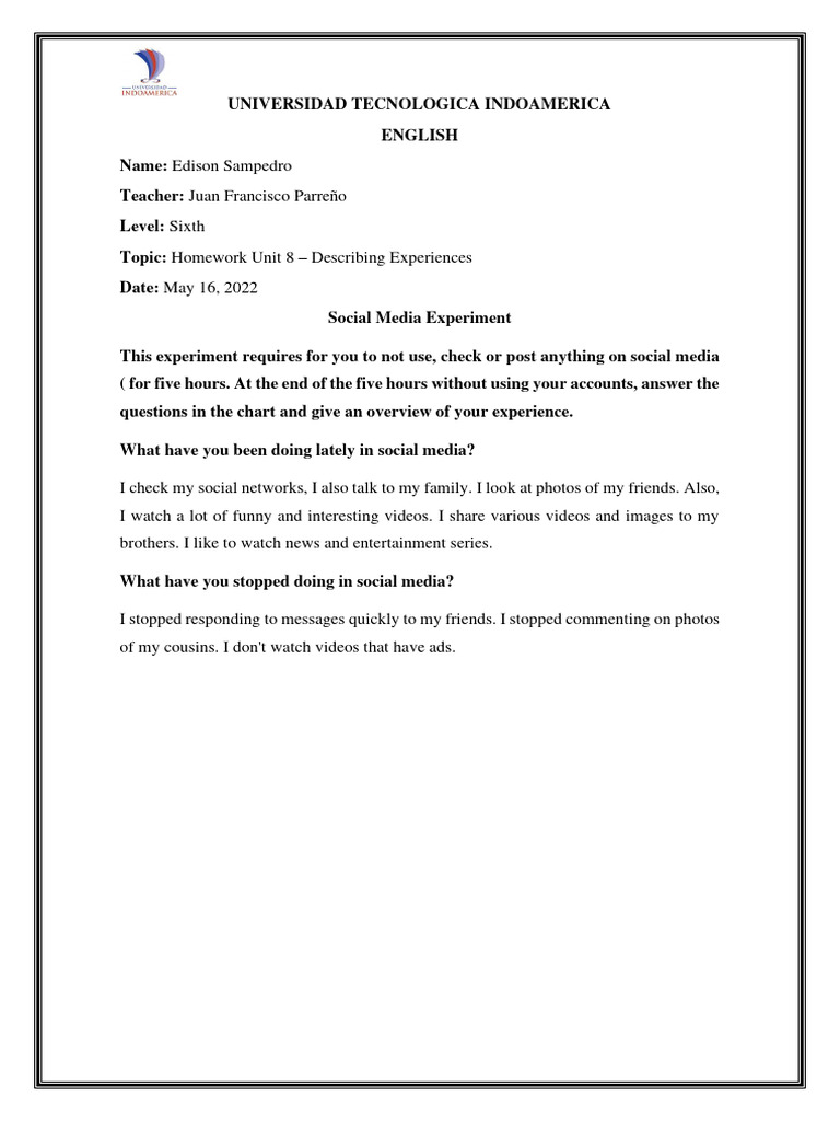 English - Homework Unit 8 - Describing Experiences | PDF