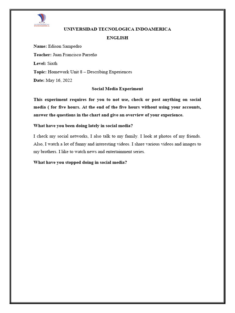 English - Homework Unit 8 - Describing Experiences | PDF