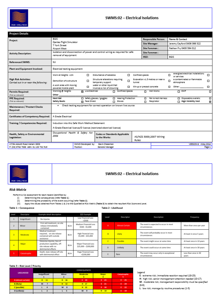 SWMS 02 - Electrical Isolation - Qantas Flight Simulator | PDF | Risk | Fuse (Electrical)