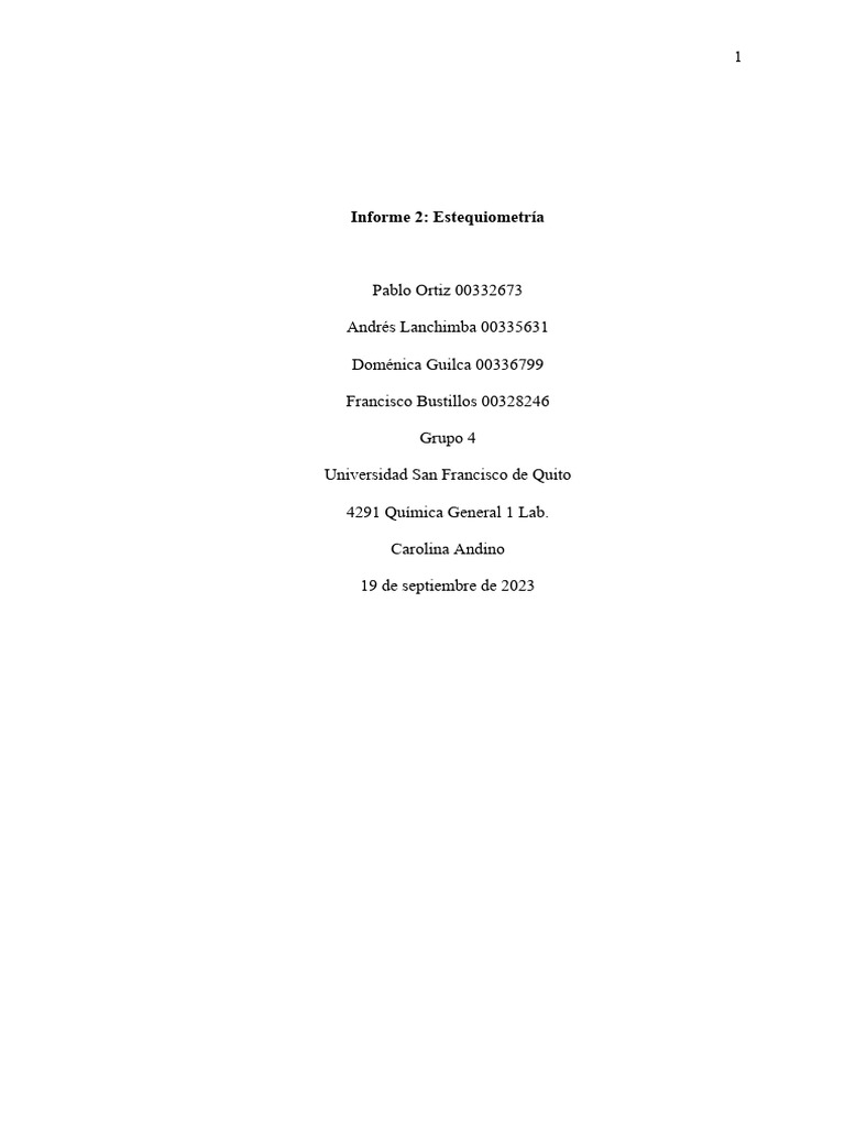 Informe De Laboratorio 1 Pdf Laboratorios Estequiometría