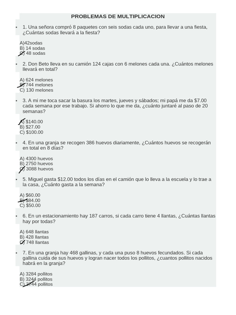 Problemas de multiplicación para primaria | PDF | Cocina, comidas y vino