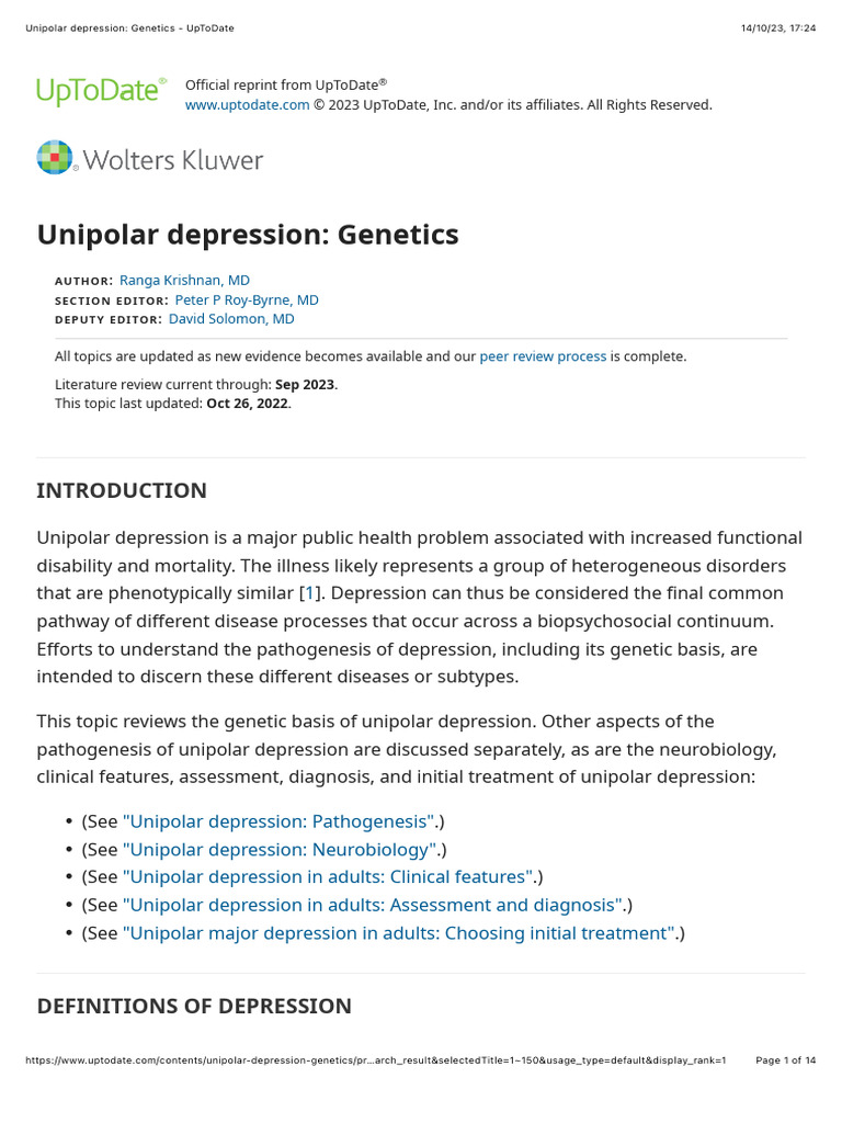 Unipolar Depression: Genetics - UpToDate | PDF | Epigenetics | Major ...