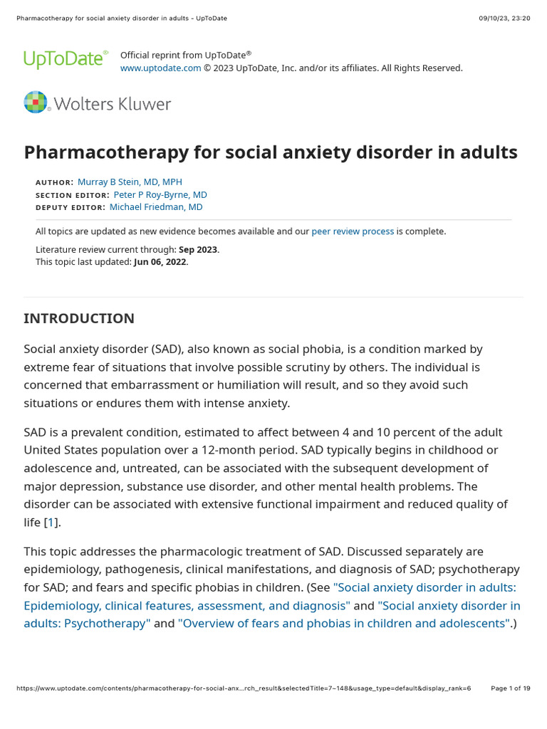 Pharmacotherapy for social anxiety disorder in adults - UpToDate | PDF | Social Anxiety Disorder ...