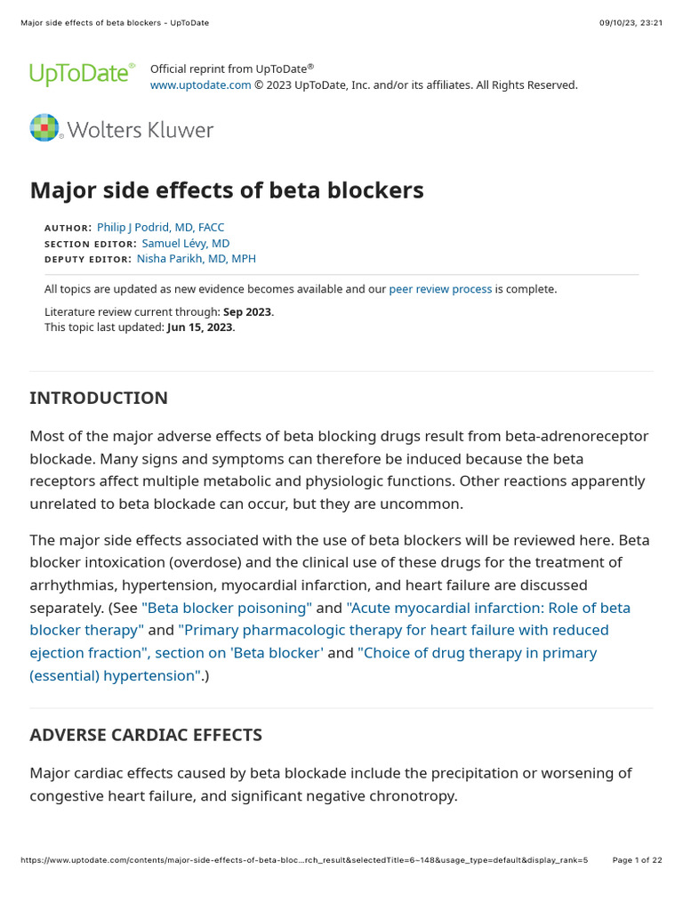 Major Side Effects of Beta Blockers - UpToDate | PDF | Myocardial ...