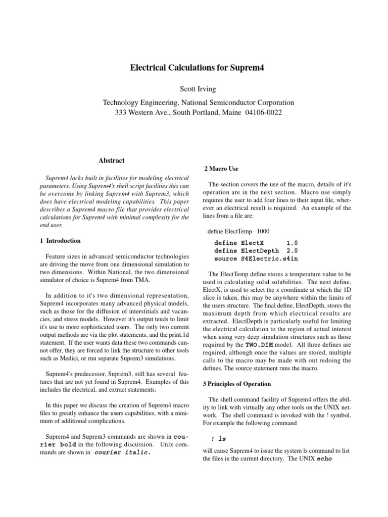 Electric Calculations in Suprem 4 | PDF | Electrical Resistance And Conductance | Simulation