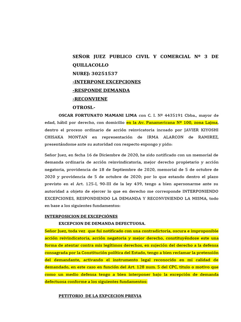RESPONDE RECONVENCION PROCESO CIVIL | PDF | Propiedad | Caso de ley