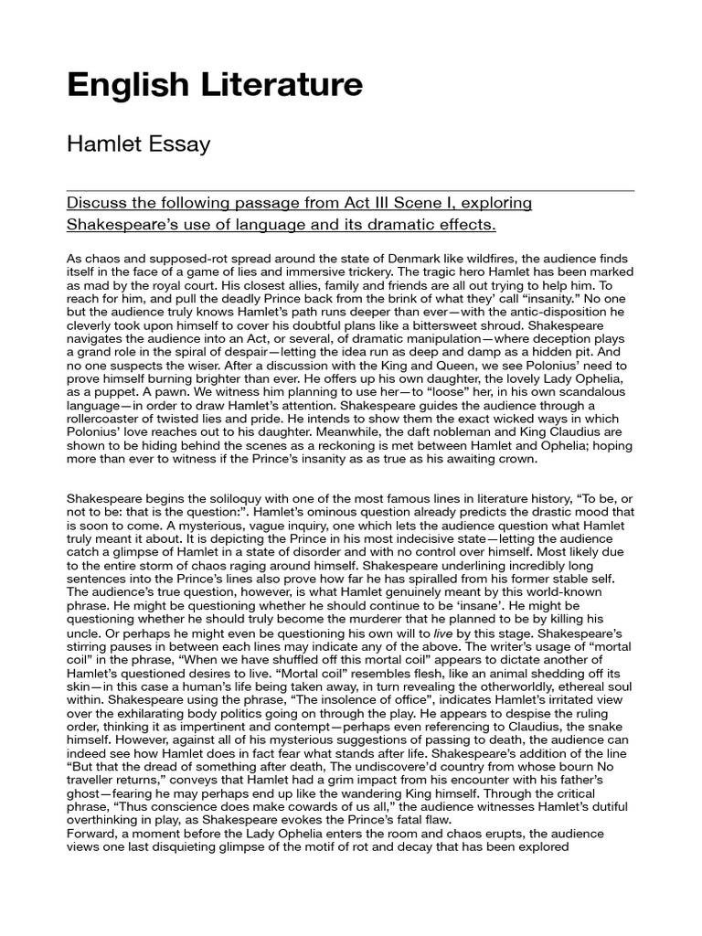 English Literature - Hamlet Essay: Act III Scene I | PDF | Hamlet