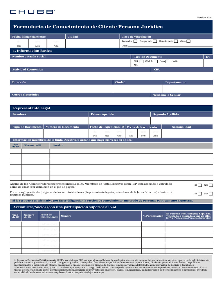 CHUBB JURIDICO Formulario de Conocimiento Del Cliente Persona Jurdica 2021 | PDF | Póliza de ...