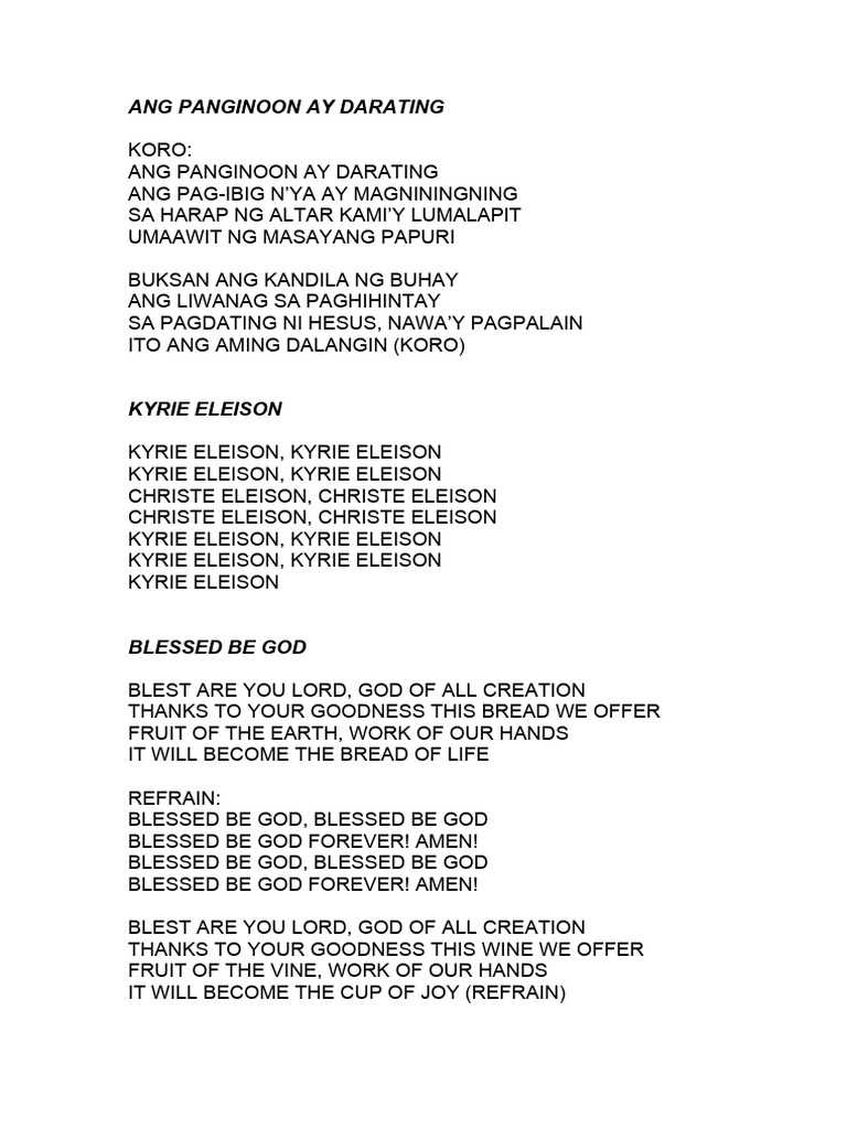 Dec 09 2022 MHCS Advent Recollection Mass Song Lyrics | PDF