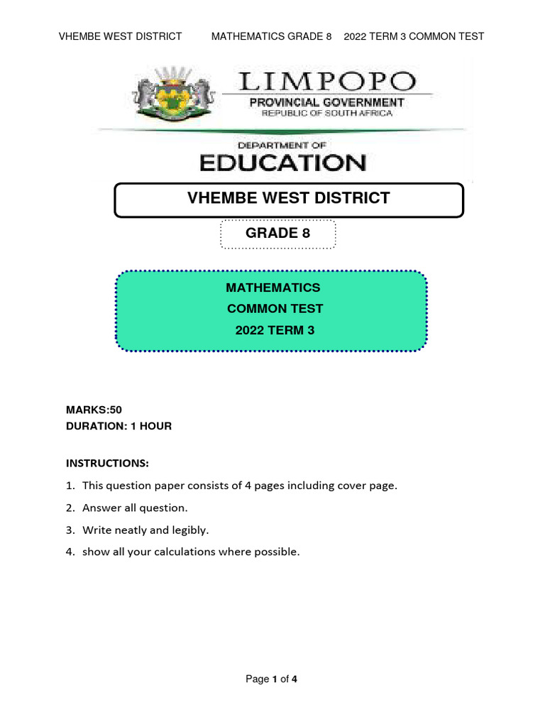 2022 Term 3 Math Grade 8 Common Test-1 | PDF | Mathematical Objects ...