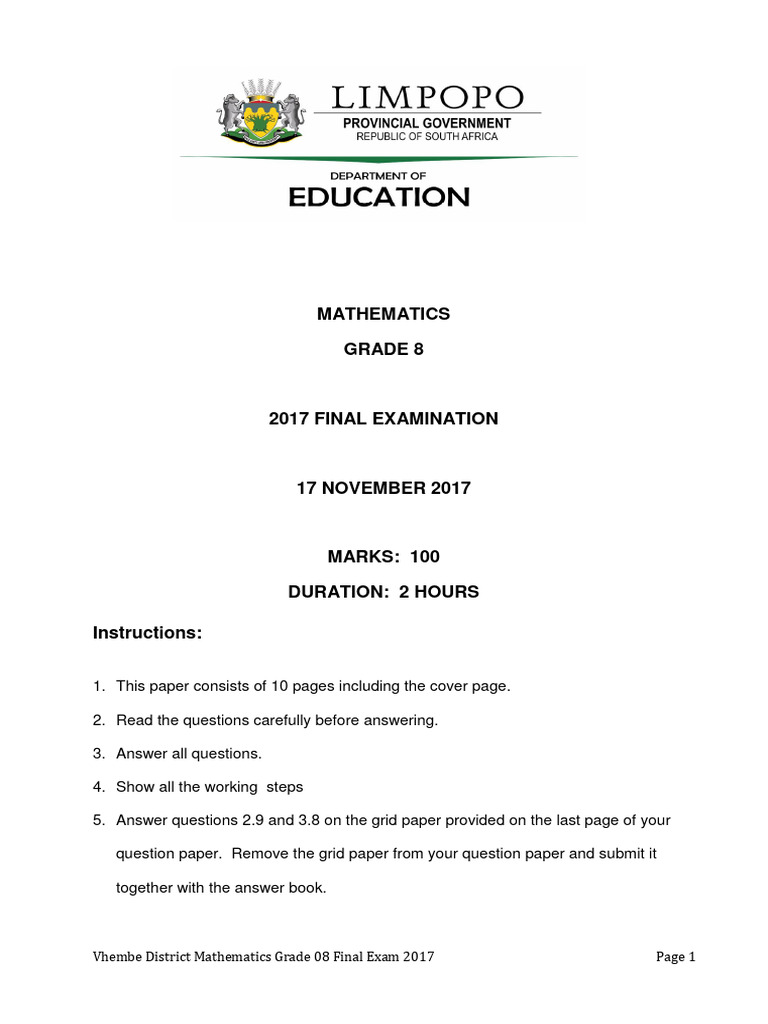 Arch2017 Maths GR 8 Final Exam Paper | PDF | Mathematics | Elementary ...