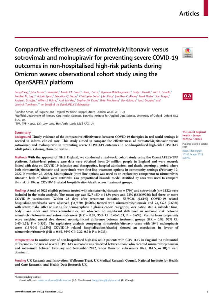 Comparative Effectiveness of Nirmatrelvir Ritonavir Versus Sot - 2023 - The Lanc | PDF | Chronic ...