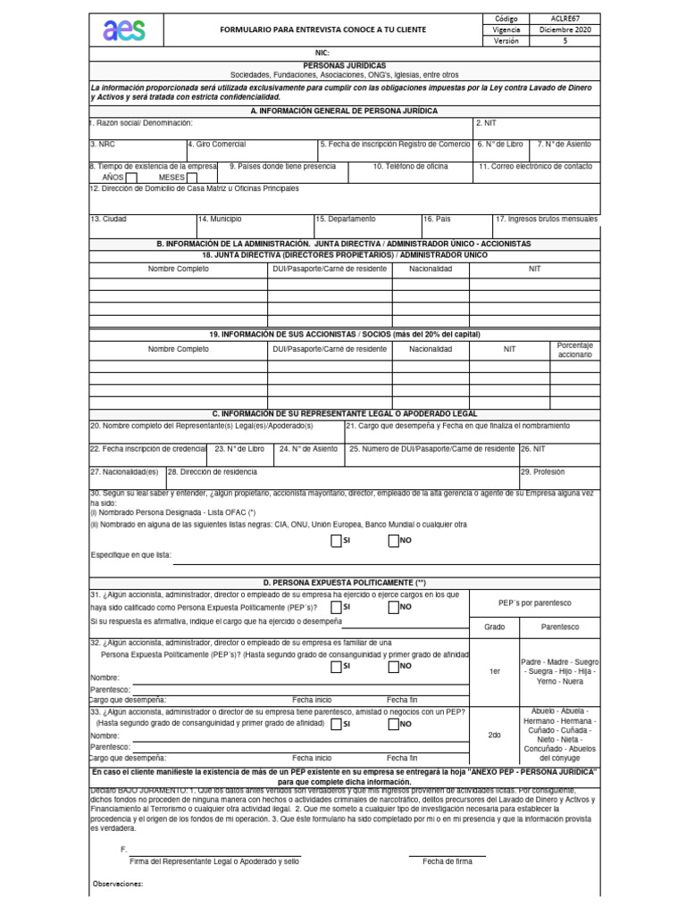 ACLRE67 Formulario para Entrevista Conoce A Tu Cliente PJ | PDF ...