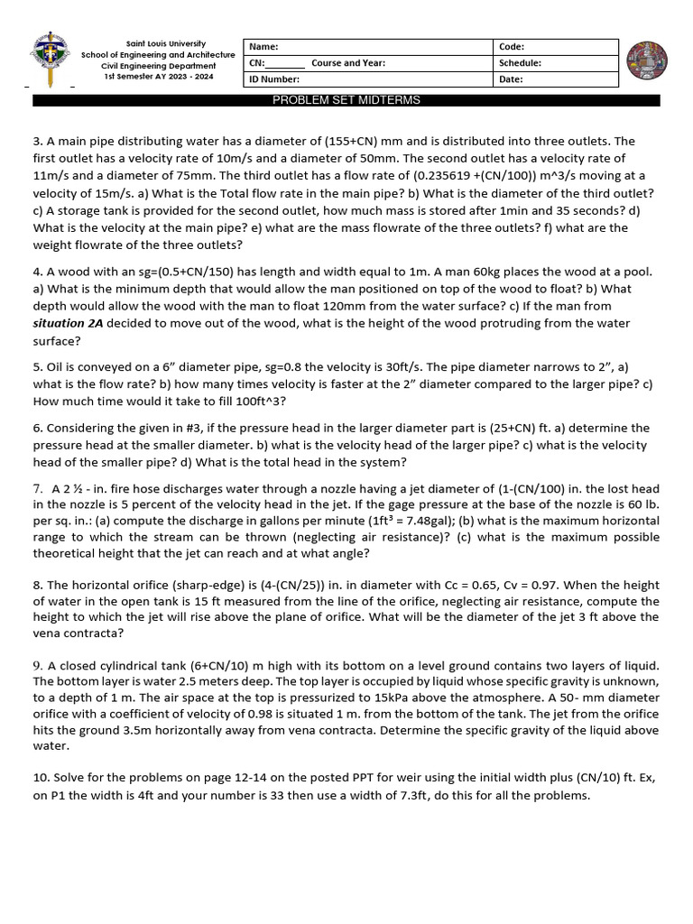 PROBLEM SET On HYDRAULICS | PDF | Dynamics (Mechanics) | Mechanical Engineering