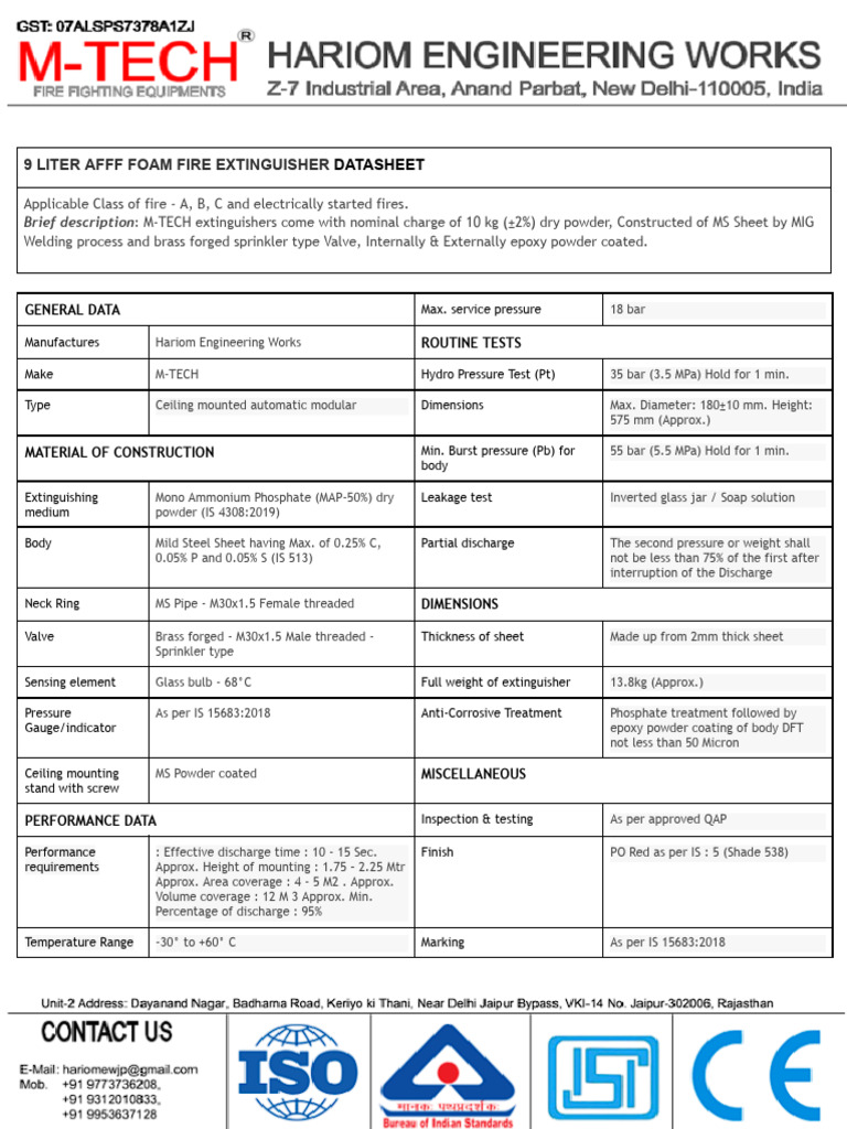 Fire Extinguisher Datasheet | PDF | Fires | Carbon Dioxide