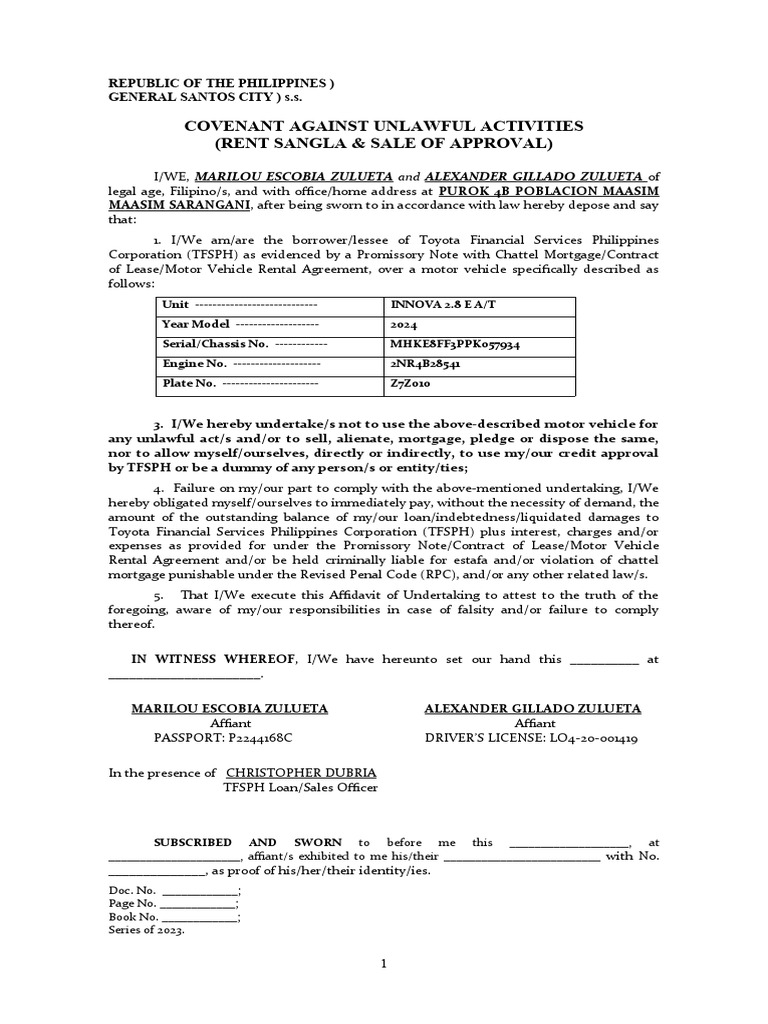 Sangla Motor Vehicle Loan Undertaking | PDF | Loans | Affidavit
