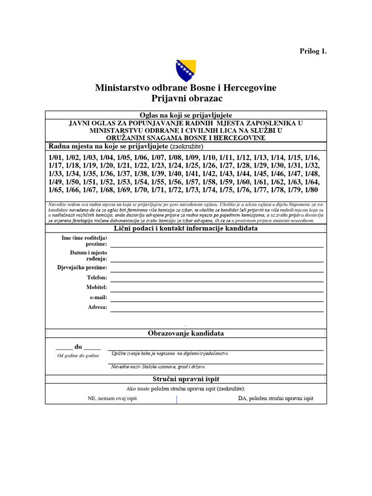 Prijavni Obrazac Za Javni Oglas CL MO I OS | PDF