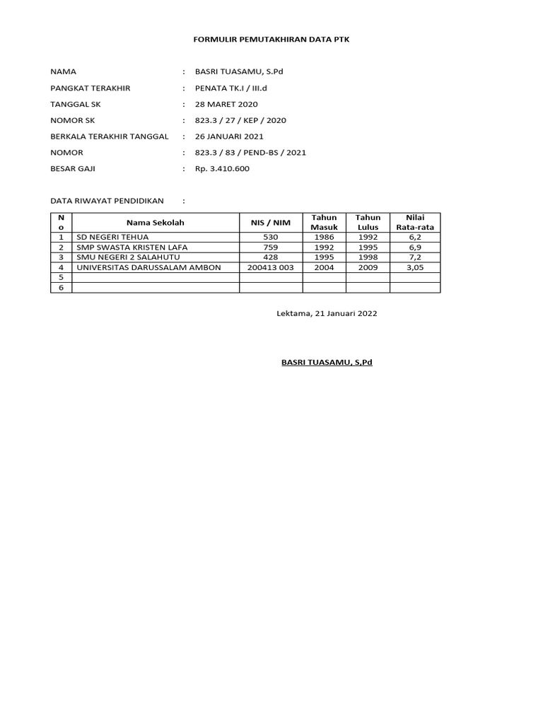 Formulir Pemutakhiran Data PTK | PDF
