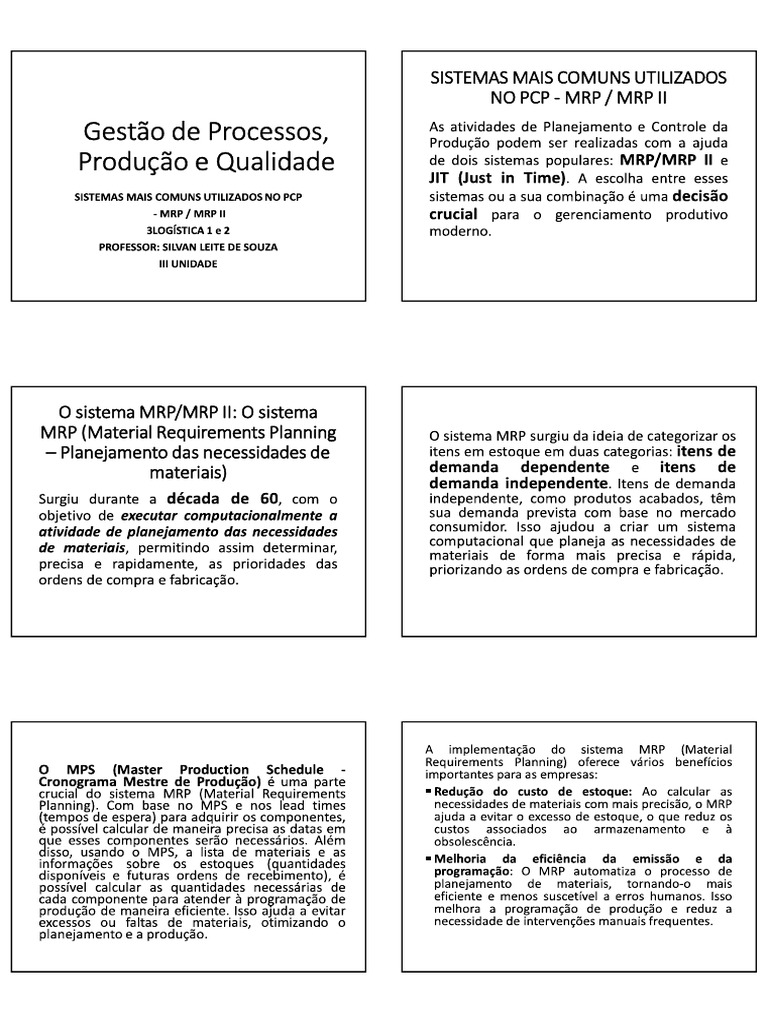Aula 01 Sistemas Mais Comuns Utilizados No PCP - MRP - MRP Ii - Jit III Unidade | PDF