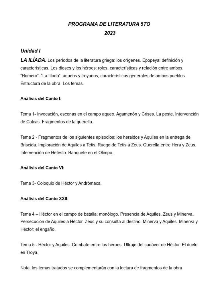 Programa de 5to Literatura | PDF | Héctor | Ilíada
