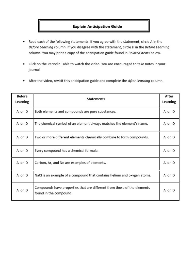 Anticipation Guide for Chemistry Concepts | PDF