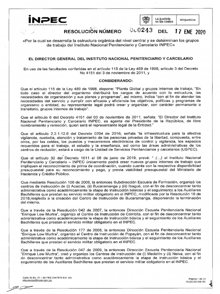 Resol 243 17ENE2020-desarrolla La Estructura Orgánica Del Nivel Central - INPEC | PDF