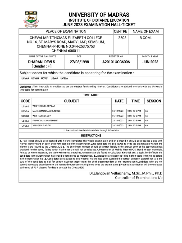 Hall Ticket 6th Sem | PDF