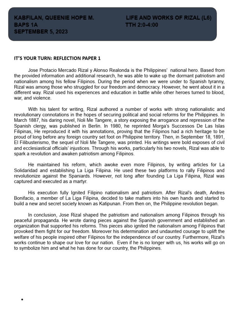 Rizal as a Hero Reflection | PDF | Philippines
