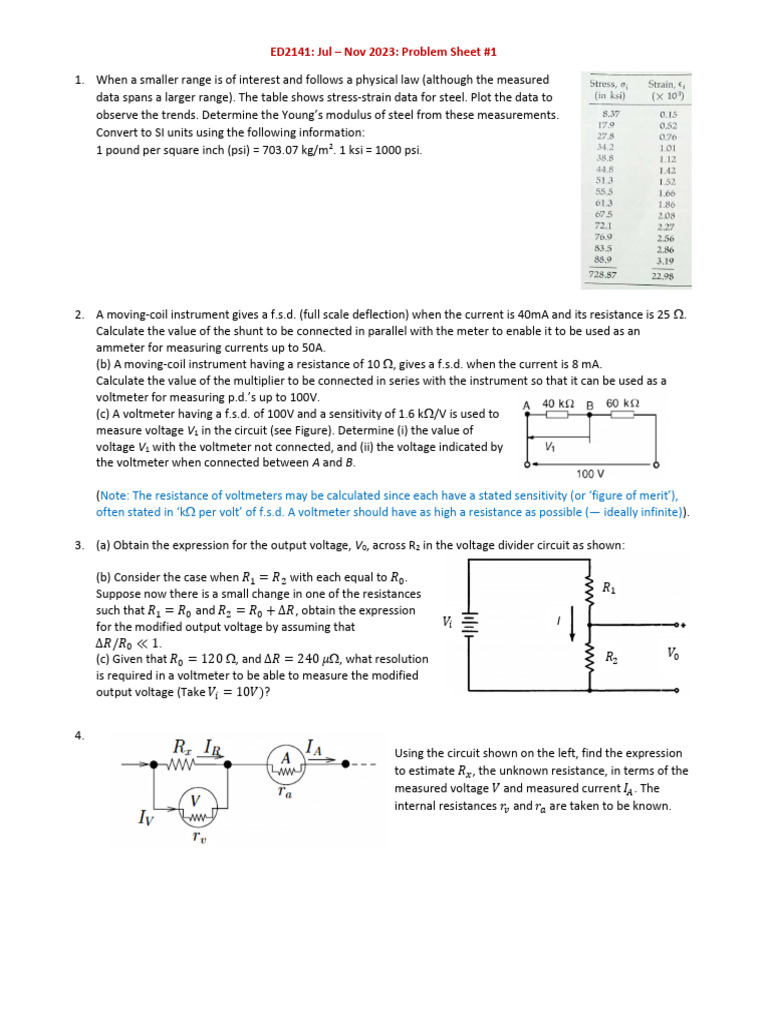 ED2141 - JN 2023 - Problem Sheet #1 | PDF | Voltage | Electrical Engineering