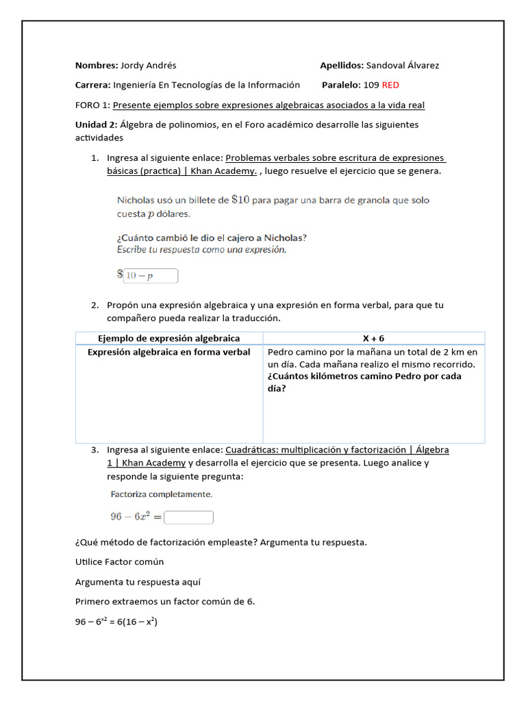 Foro 1 Matematicas | PDF | Factorización | Matemática Elemental