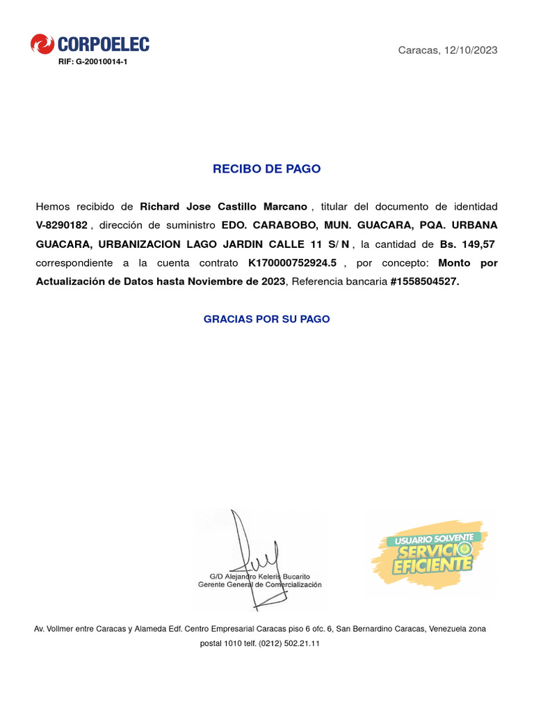 Recibo de Pago: Hemos Recibido de Richard Jose Castillo Marcano ...