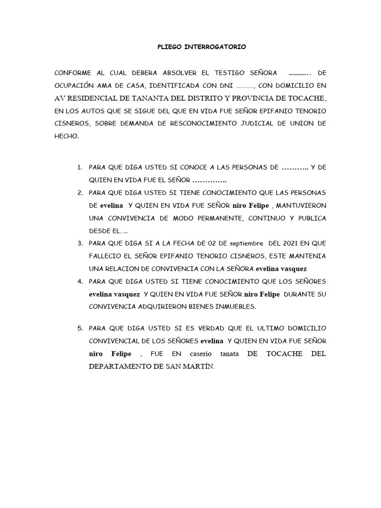 Pliego Interrogatorio Testigos Unión De Hecho Pdf Religión Y