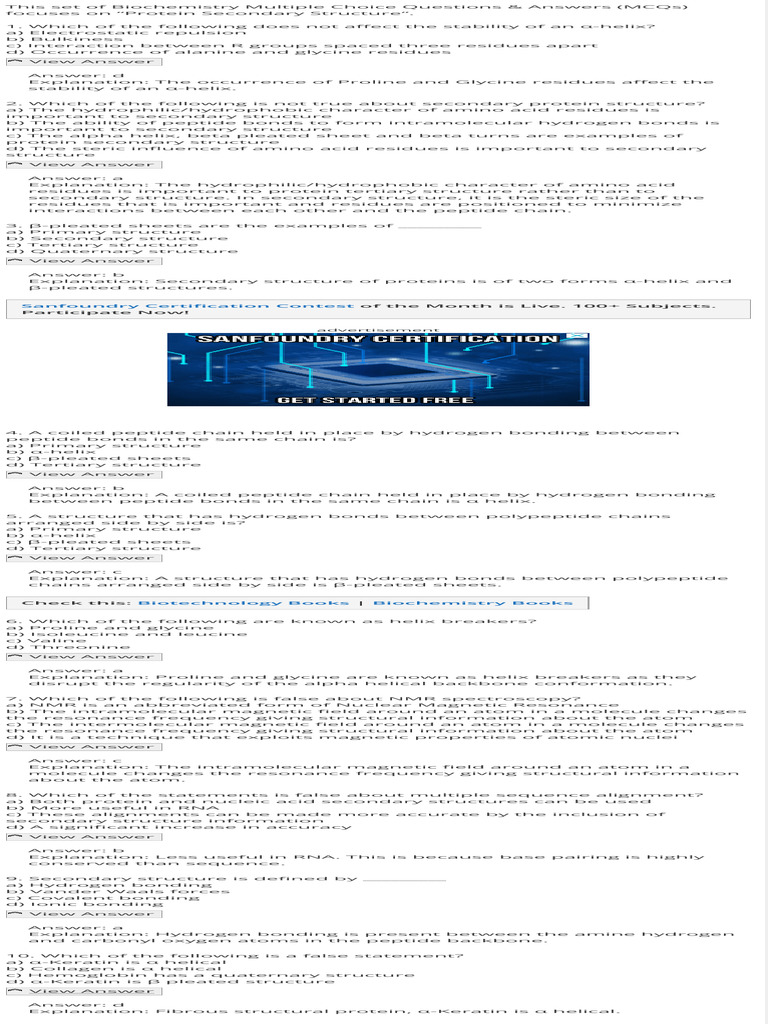 Protein Secondary Structure - Biochemistry Questions and Answers ...