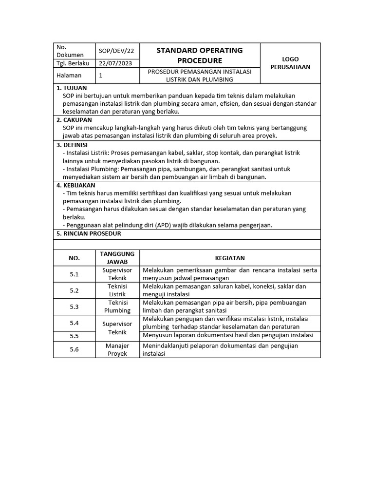 SOP Pemasangan Instalasi Listrik Dan Plumbing | PDF | Komputer | Teknologi & Rekayasa