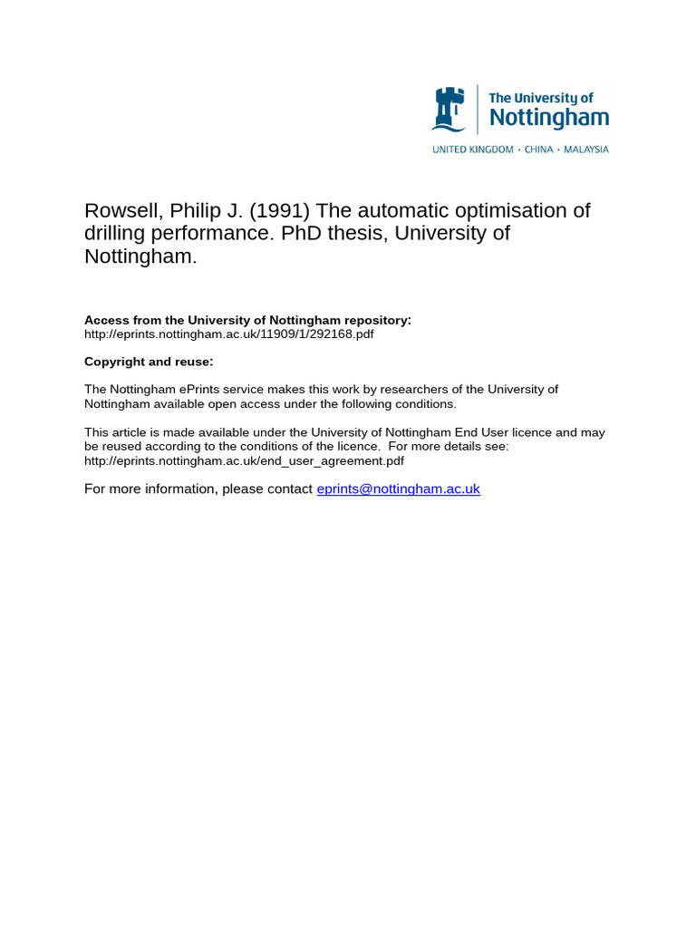 Rowsell Philip J 1991 The Automatic Optimisation Of Drilling Performance Phd Thesis