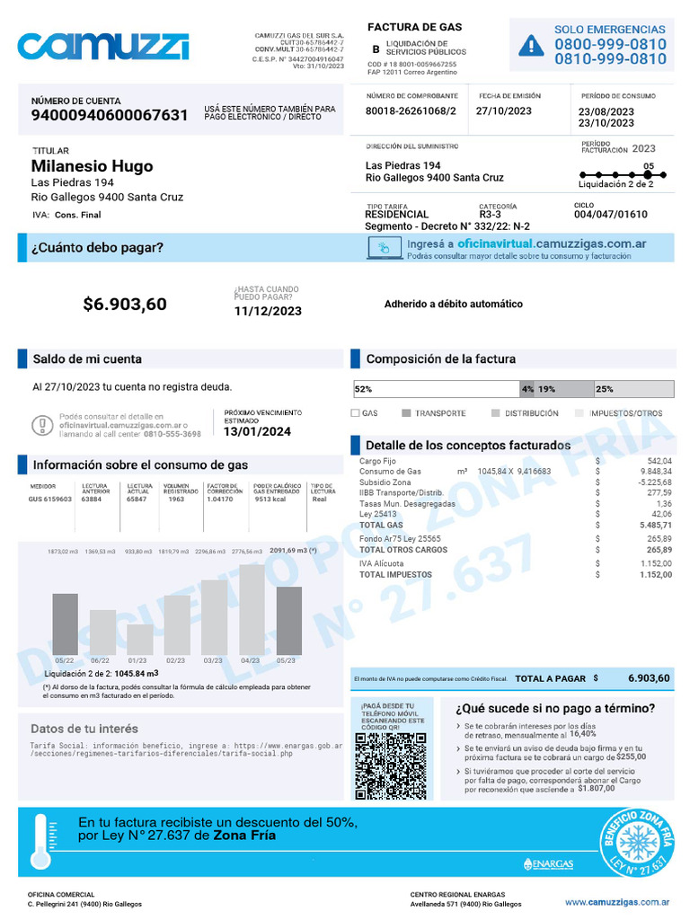 Factura de Gas Río Gallegos 2023 | PDF | Economias | Servicios (economía)