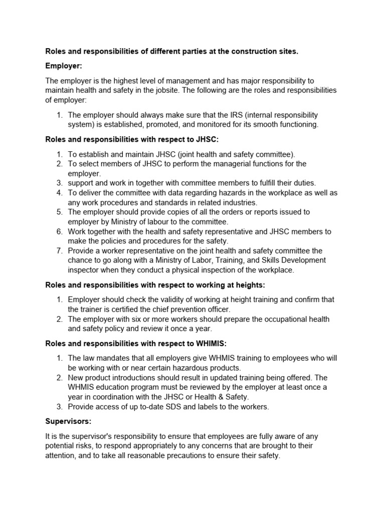 Safety Roles and Responsibilities | PDF | Occupational Safety And ...