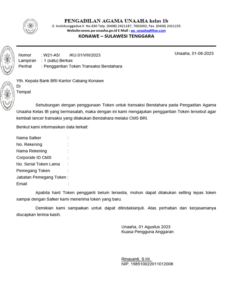 Surat Pergantian Token | PDF