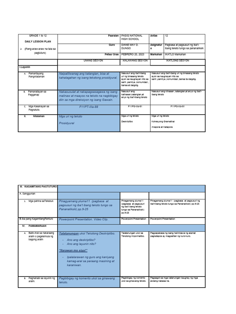 DLL Pagbasa Cot 1.1 | PDF