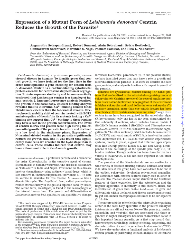 Expression of A Mutant Form of Leishmania Donovani Centrin Reduces The ...