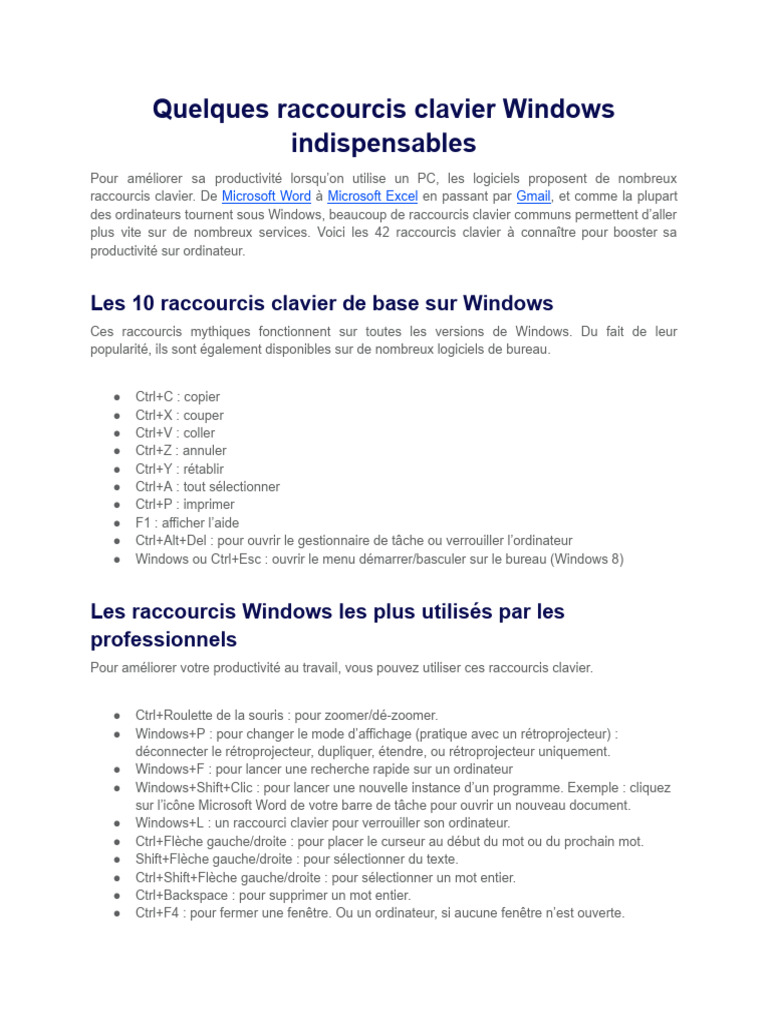 Quelques Raccourcis Claviers | PDF | Raccourci clavier | Microsoft Windows